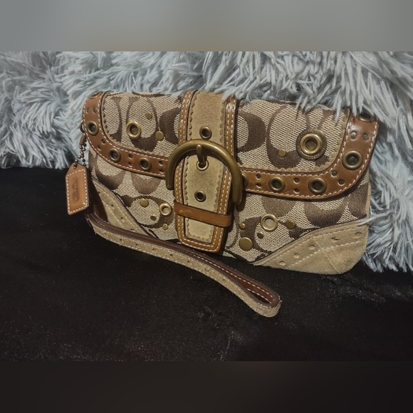 Coach | Bags | Coach Small Clutch Monogram Fabric With Leather And ...